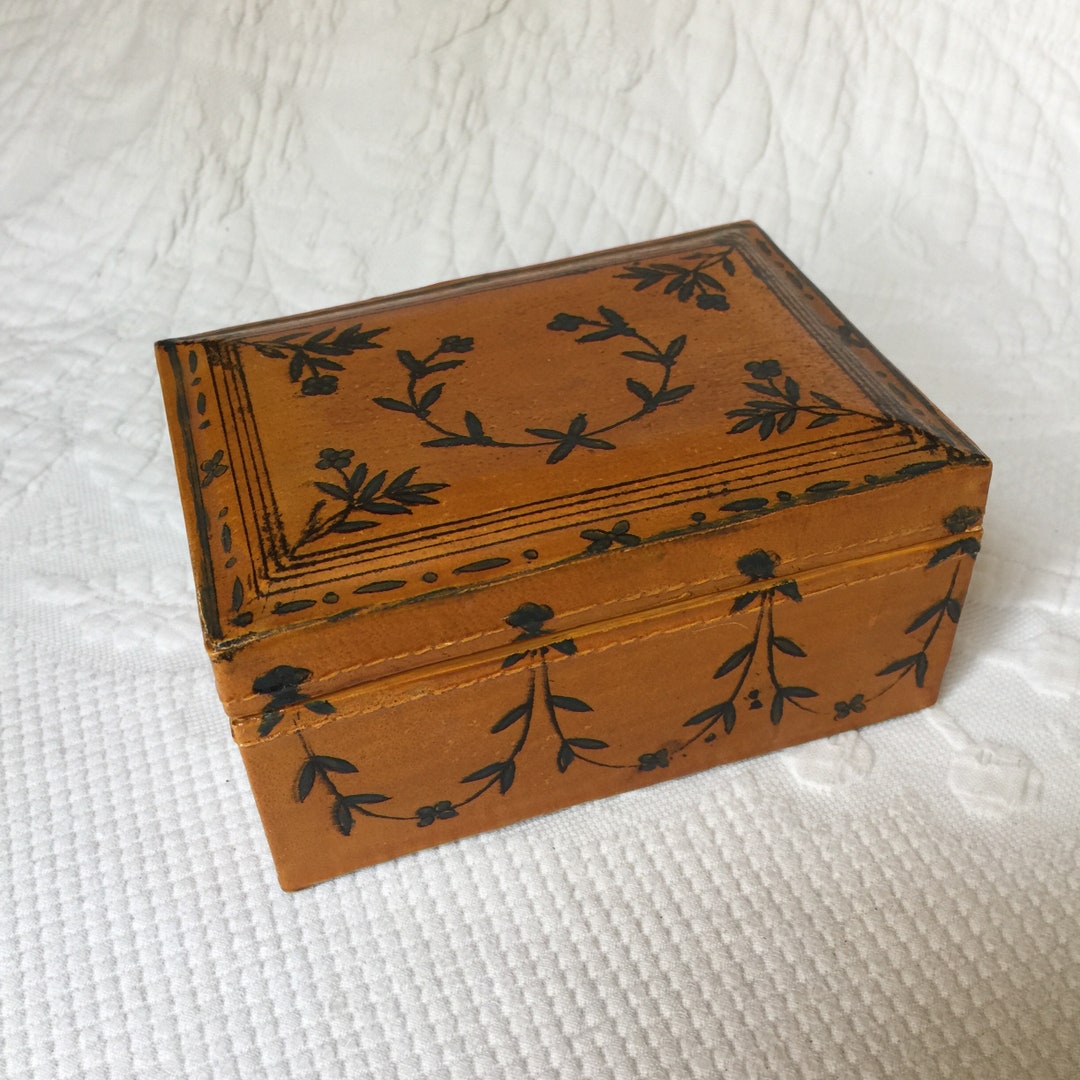 Vintage Hand Painted Wooden Box With Faux Stitching on Lid and Box ...