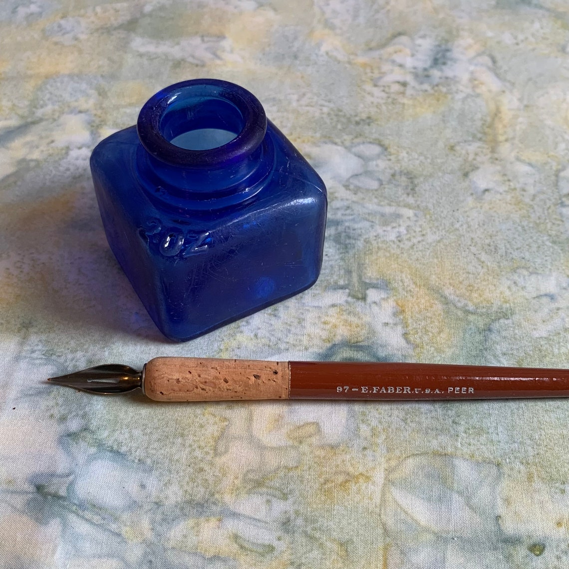Vintage Cobalt Blue Inkwell and 97 E. Faber, Peer Quill Pen or Dip Pen ...
