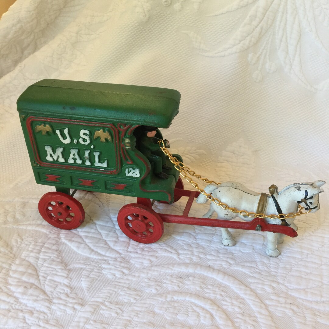 Vintage Mail Wagon Pulled by a Horse With a Driver. Green Truck With ...