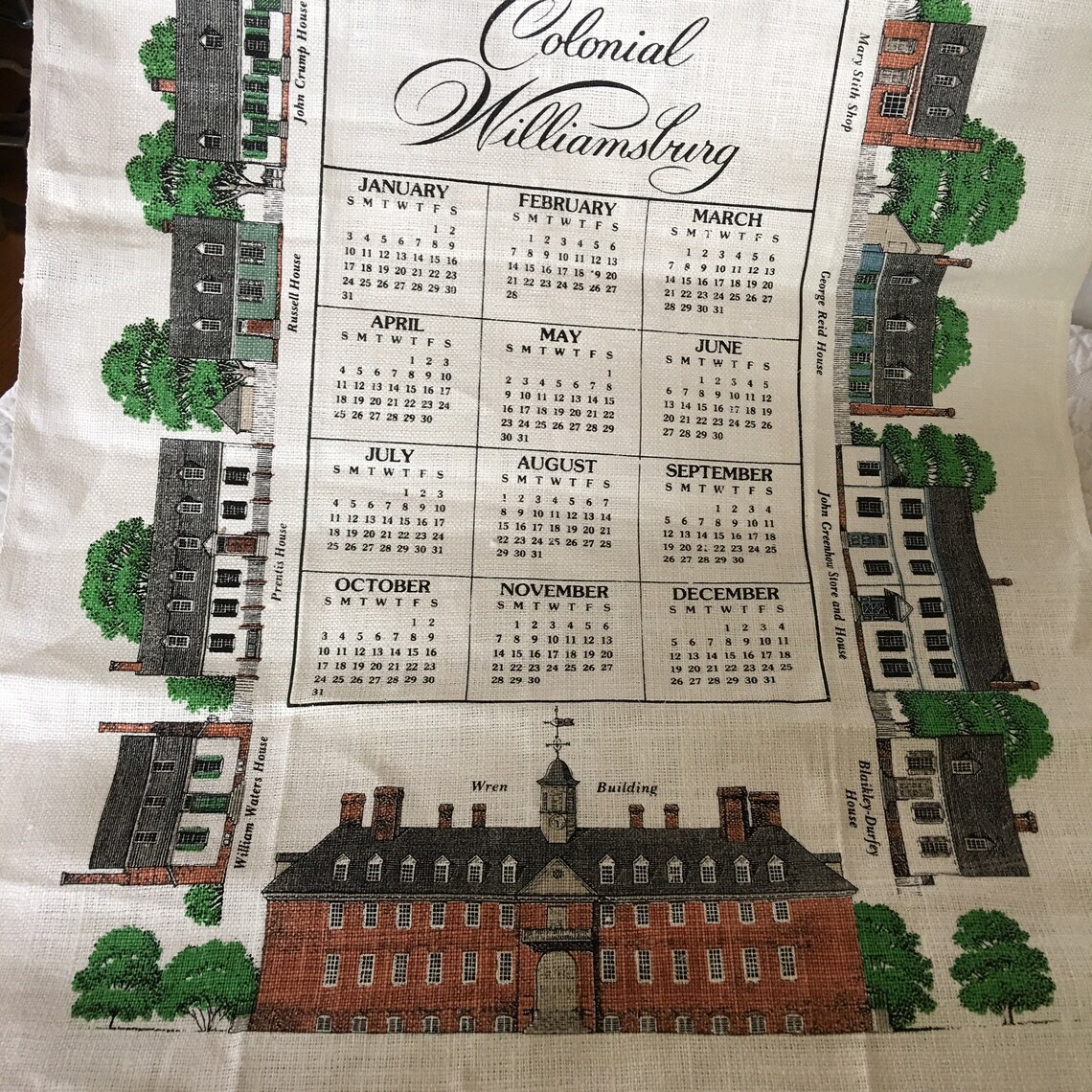 Vintage 1993 Tea Towel Calendar of Colonial Williamsburg. Capitol, Wren ...