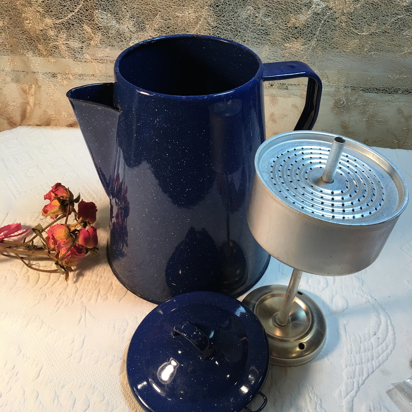 Vintage Enamelware Coffee Pot. Dark Blue Enamel With White | Etsy