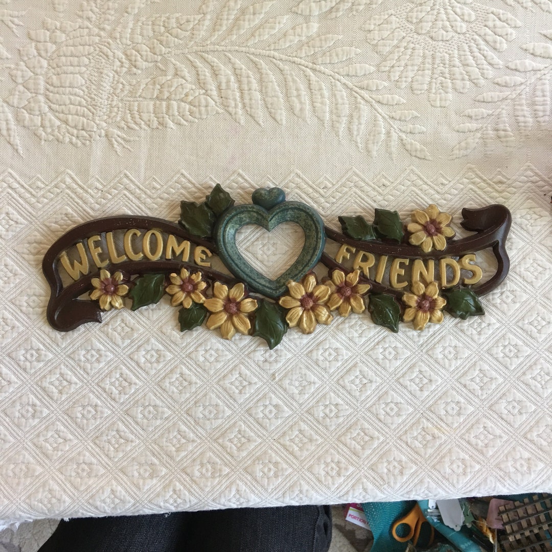 Vintage Cast Iron Welcome Friends Sign in Red, Yellow and Green. Ring ...