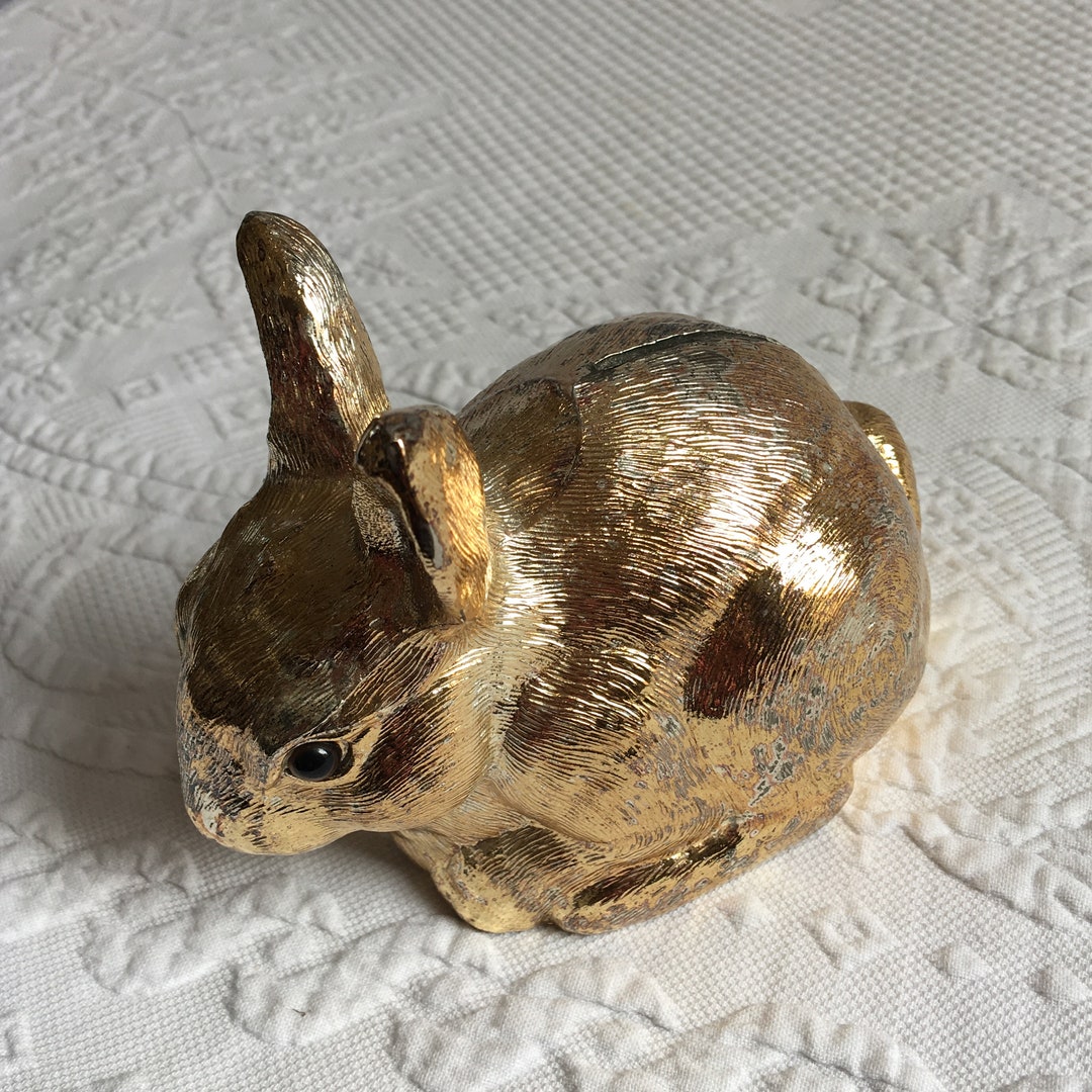 Vintage Gold Rabbit Bank. Detailed Fur and Lines With Glass Eyes. Metal ...
