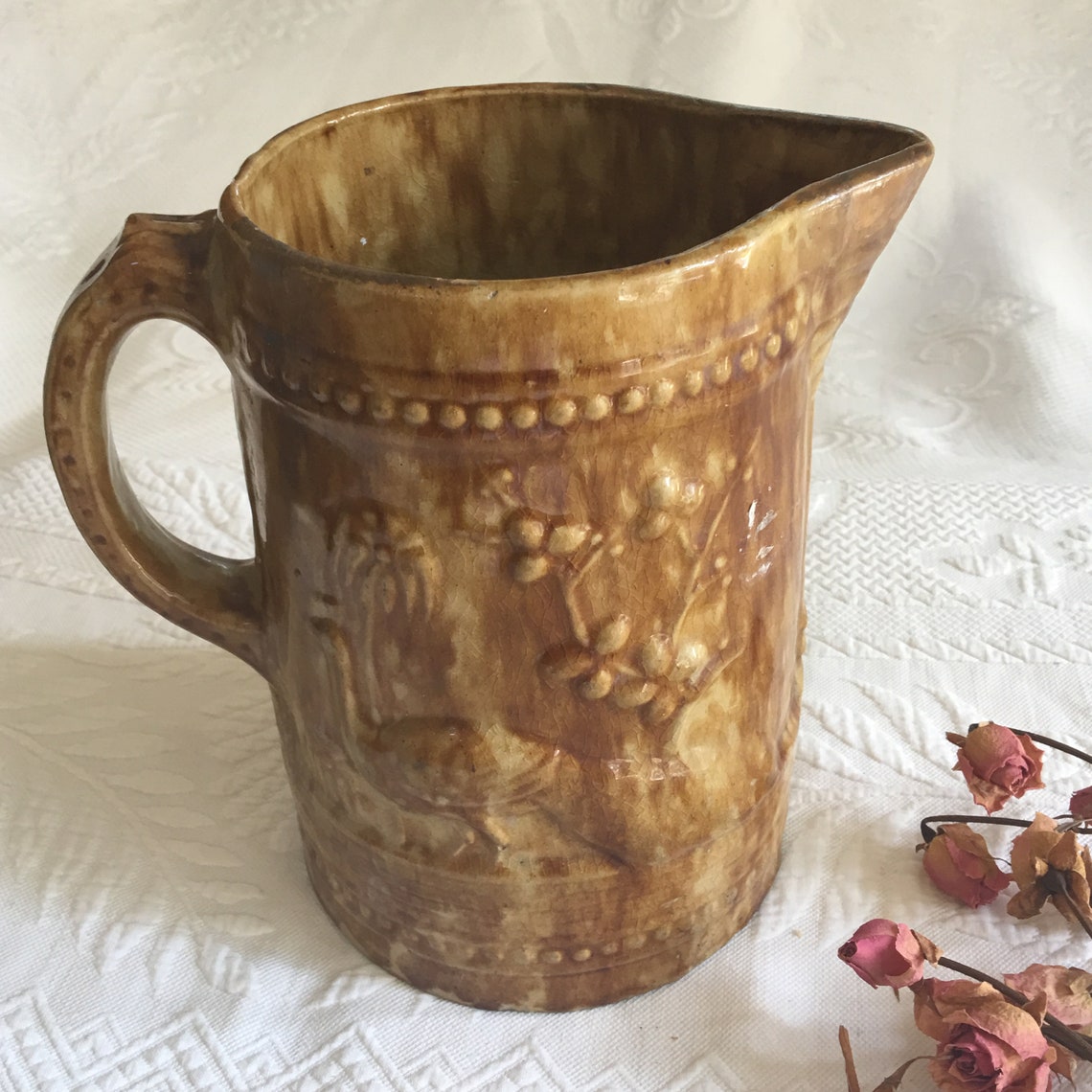 Antique Yellow Ware Pitcher With Peacock Tree and Floral | Etsy