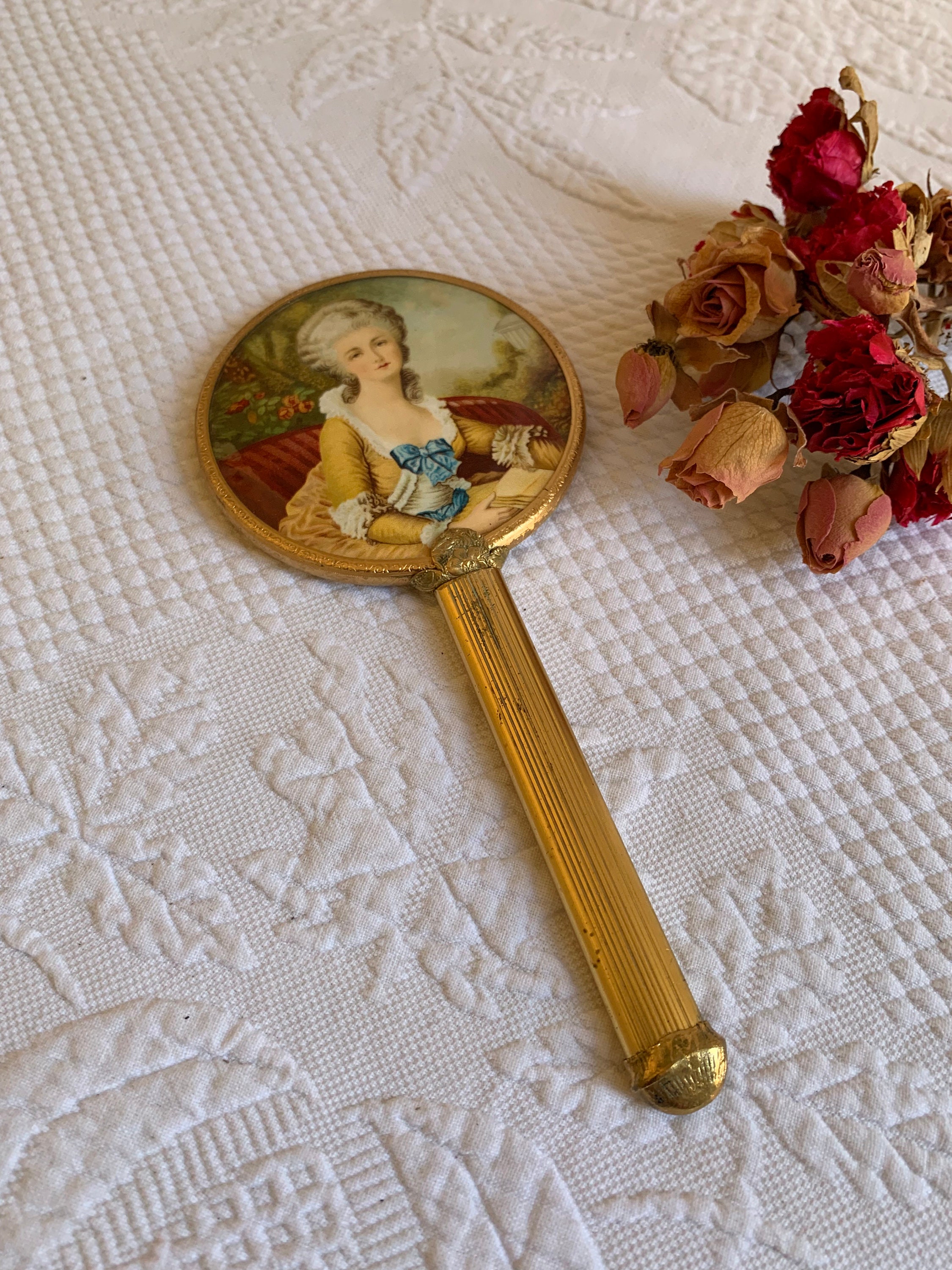Vintage French Colonial Hand Mirror. Gold Tone Pillar Look Handle ...