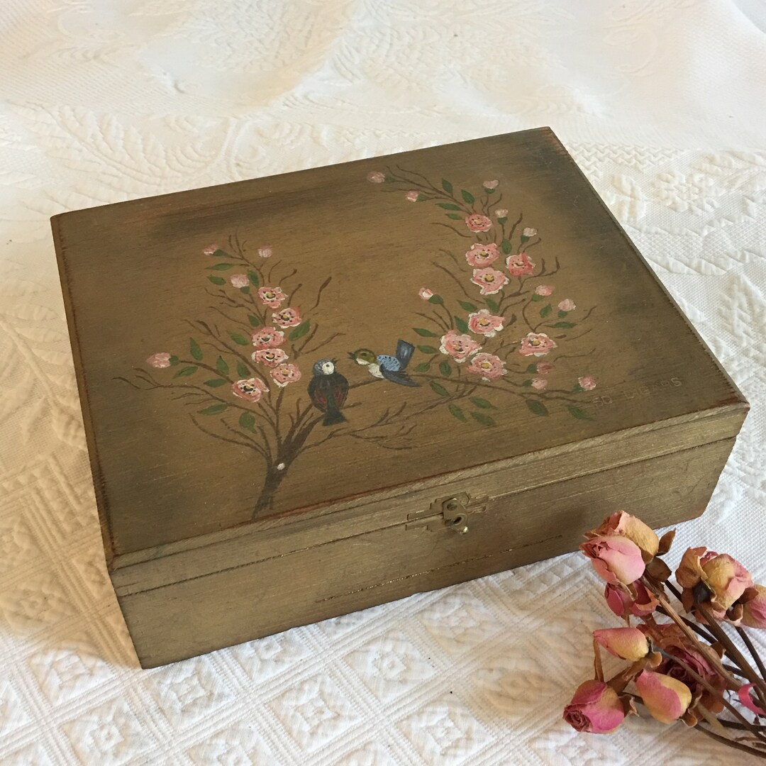 Vintage Cigar Painted Box. Dovetailed With Pink Flowers and Birds on a ...