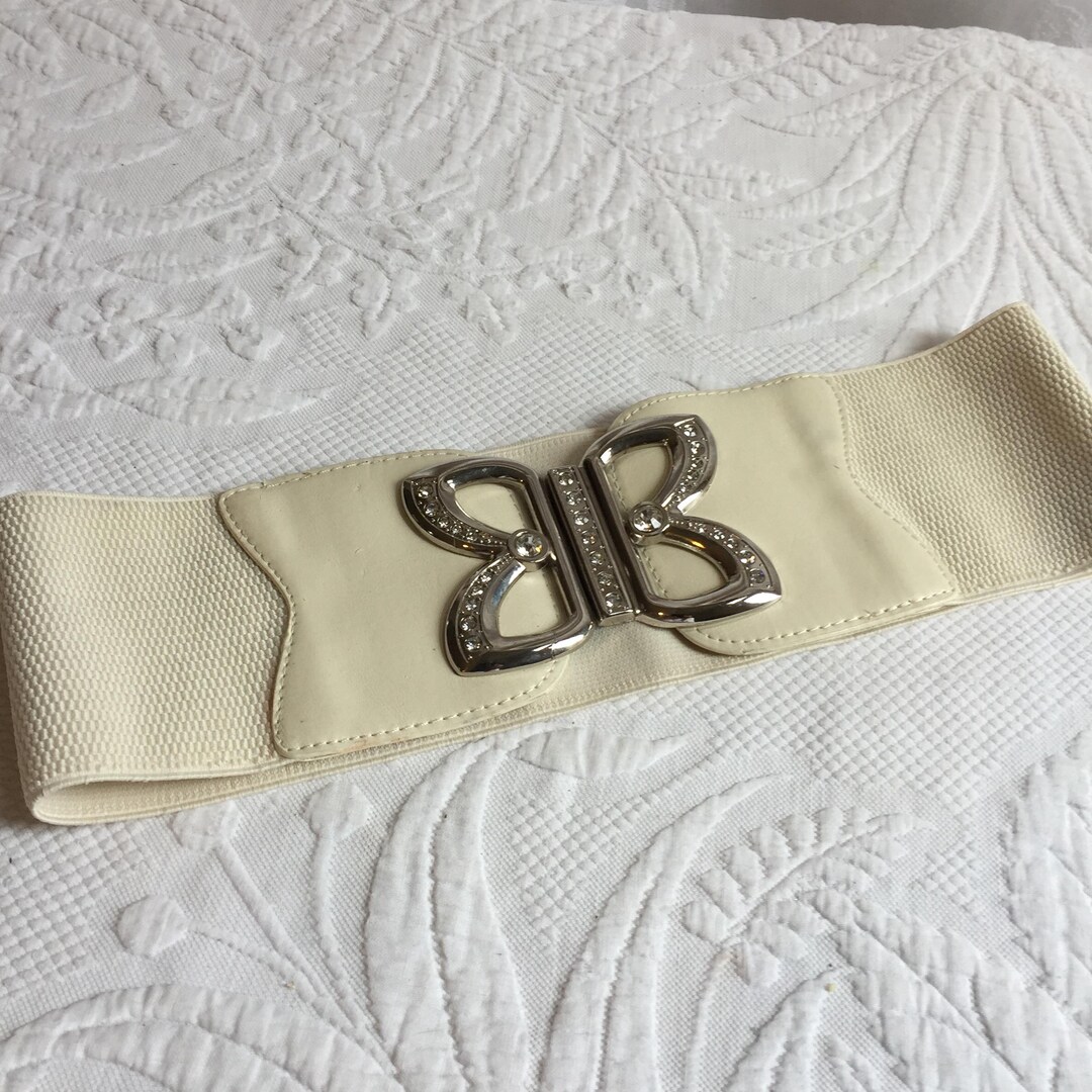 Vintage Cream 4" Wide Stretch Belt With Silver Tone Rhinestone Double ...