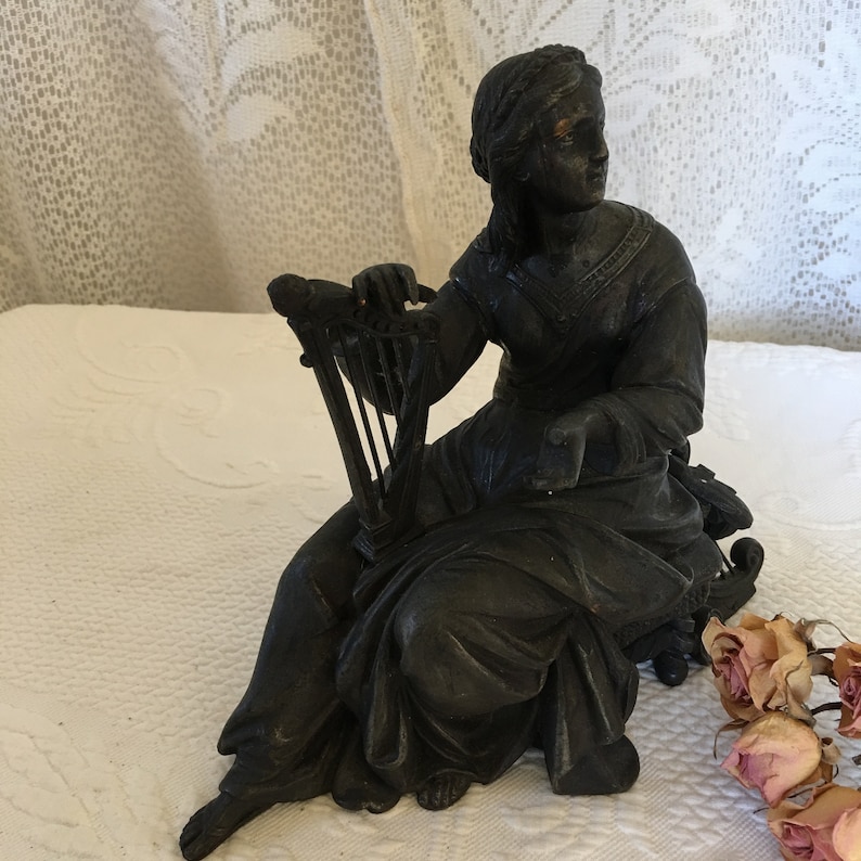 Vintage Bronze Statue of a Sitting Lady With a Lyre in Her Hand. Marked ...