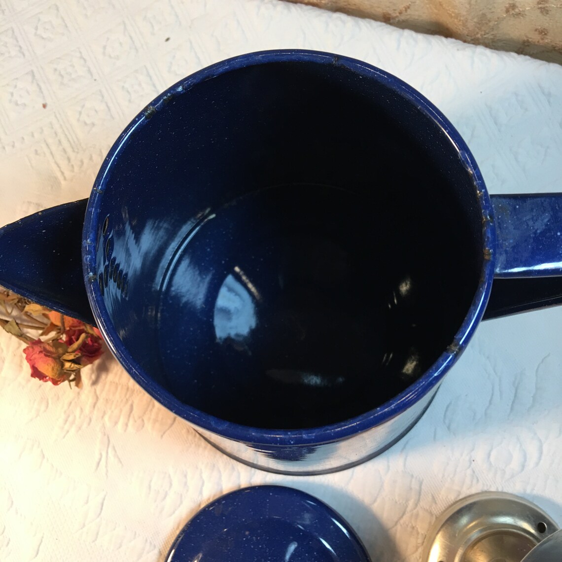 Vintage Enamelware Coffee Pot. Dark Blue Enamel With White | Etsy