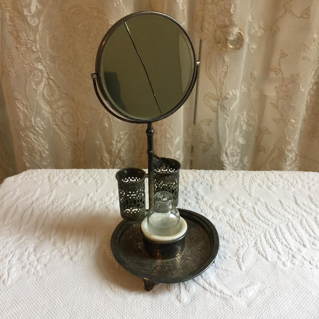 Antique Silver Plate Shaving Mirror and Stand. Milk Glass Shaving Soap ...