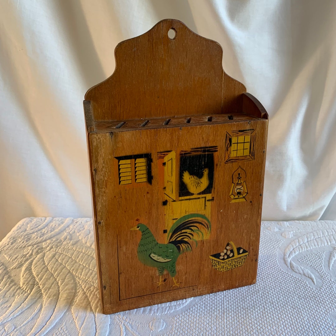 Vintage Wall Knife Box. Chicken Coop With Rooster and Basket of Eggs on ...