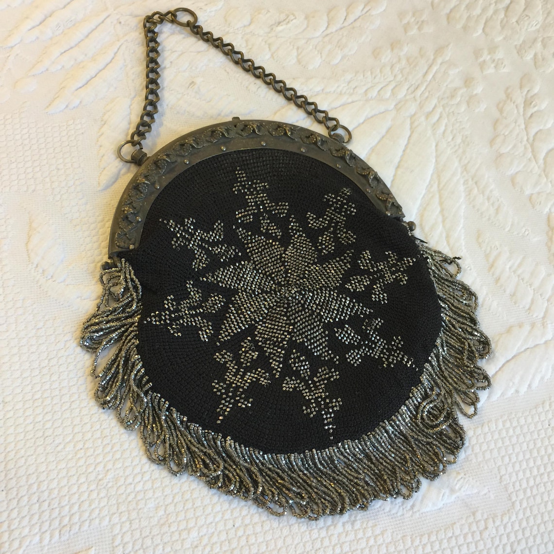 Antique Victorian Chatelaine Purse. Steel Cut Beads in Star and Fleur ...