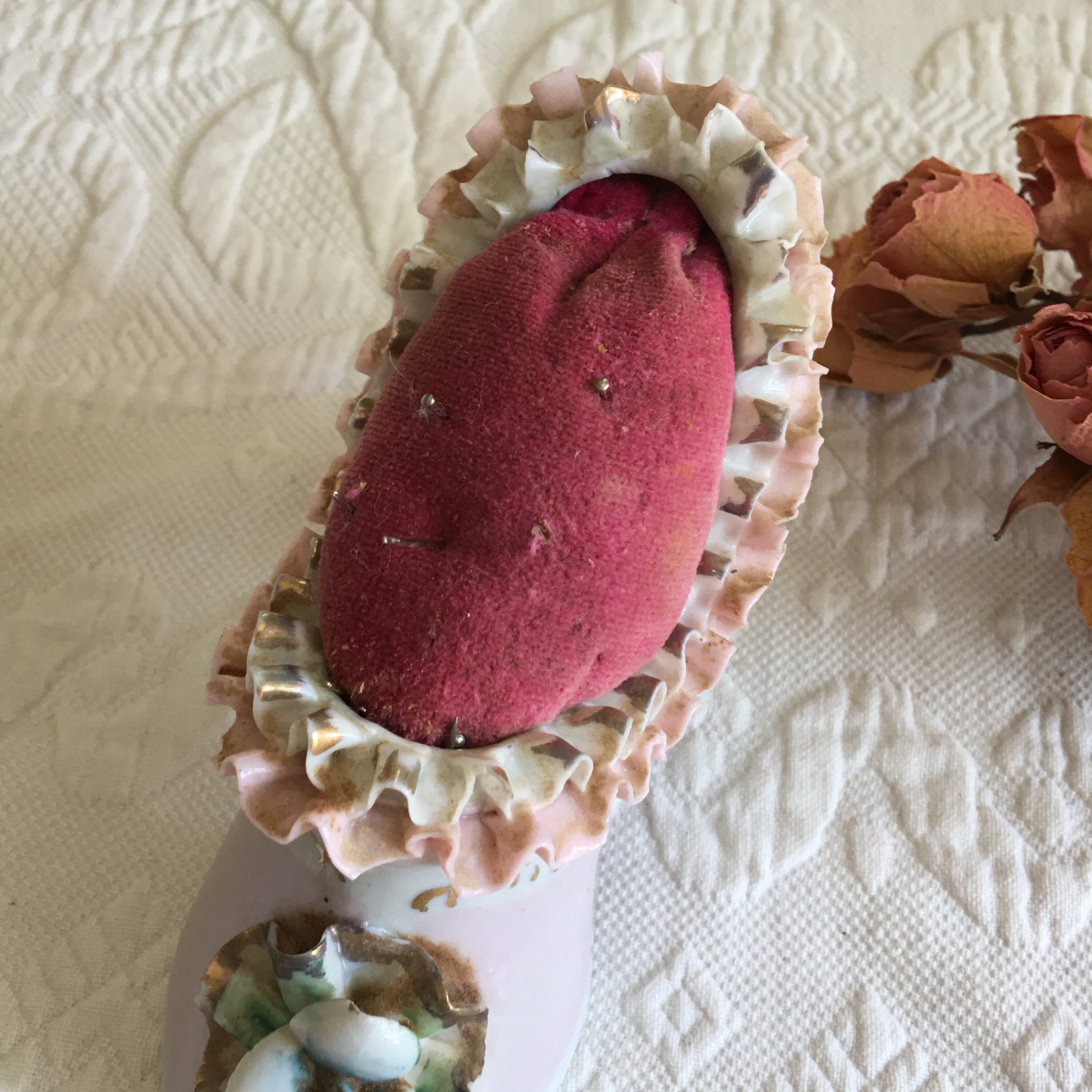 Vintage Pin Cushion. Ruffled Porcelain Shoe Feminine Pin Cushion ...