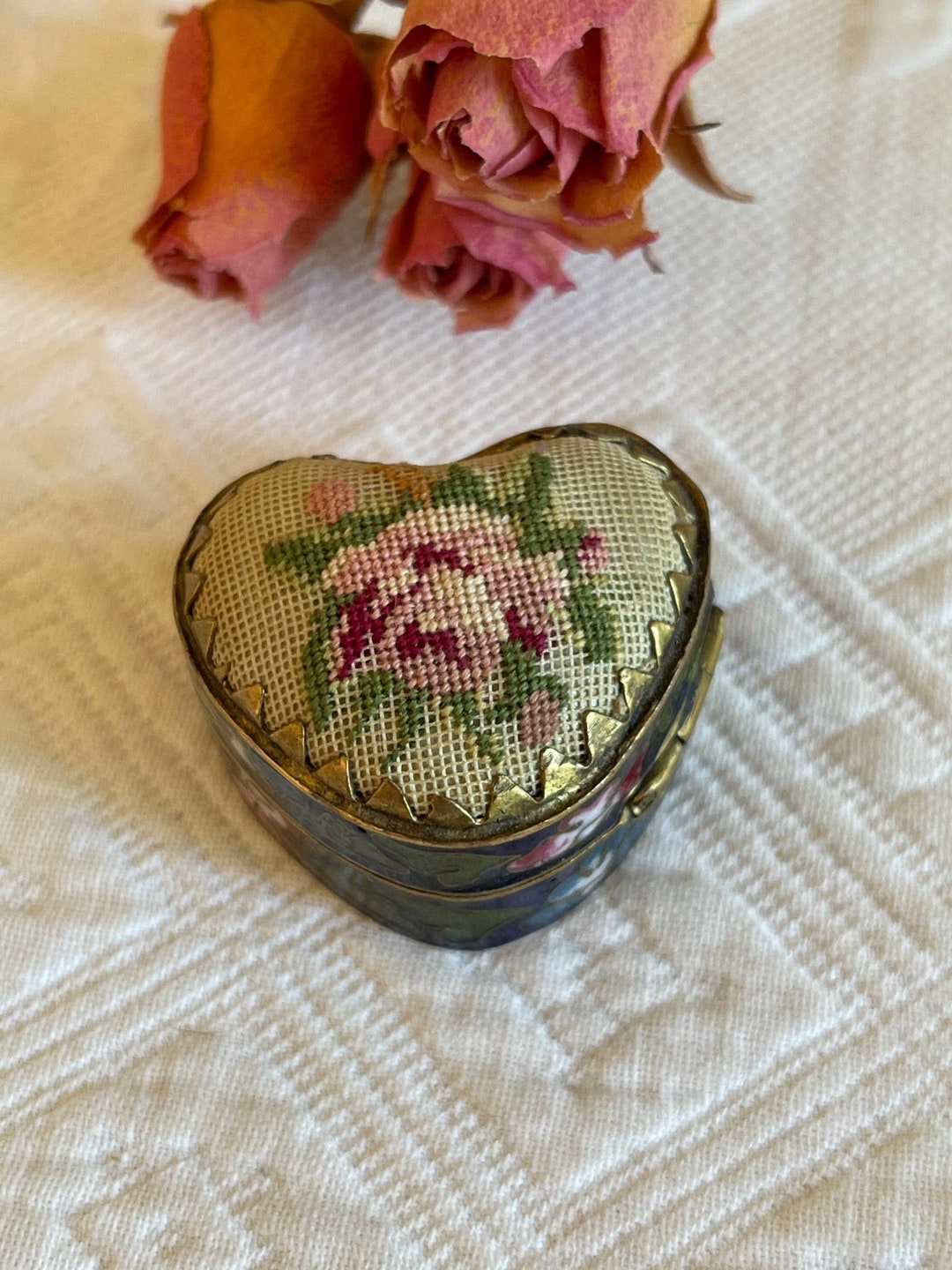 Vintage Brass Cloisonne Heart Pill Box With Petit Point Rose on Top ...