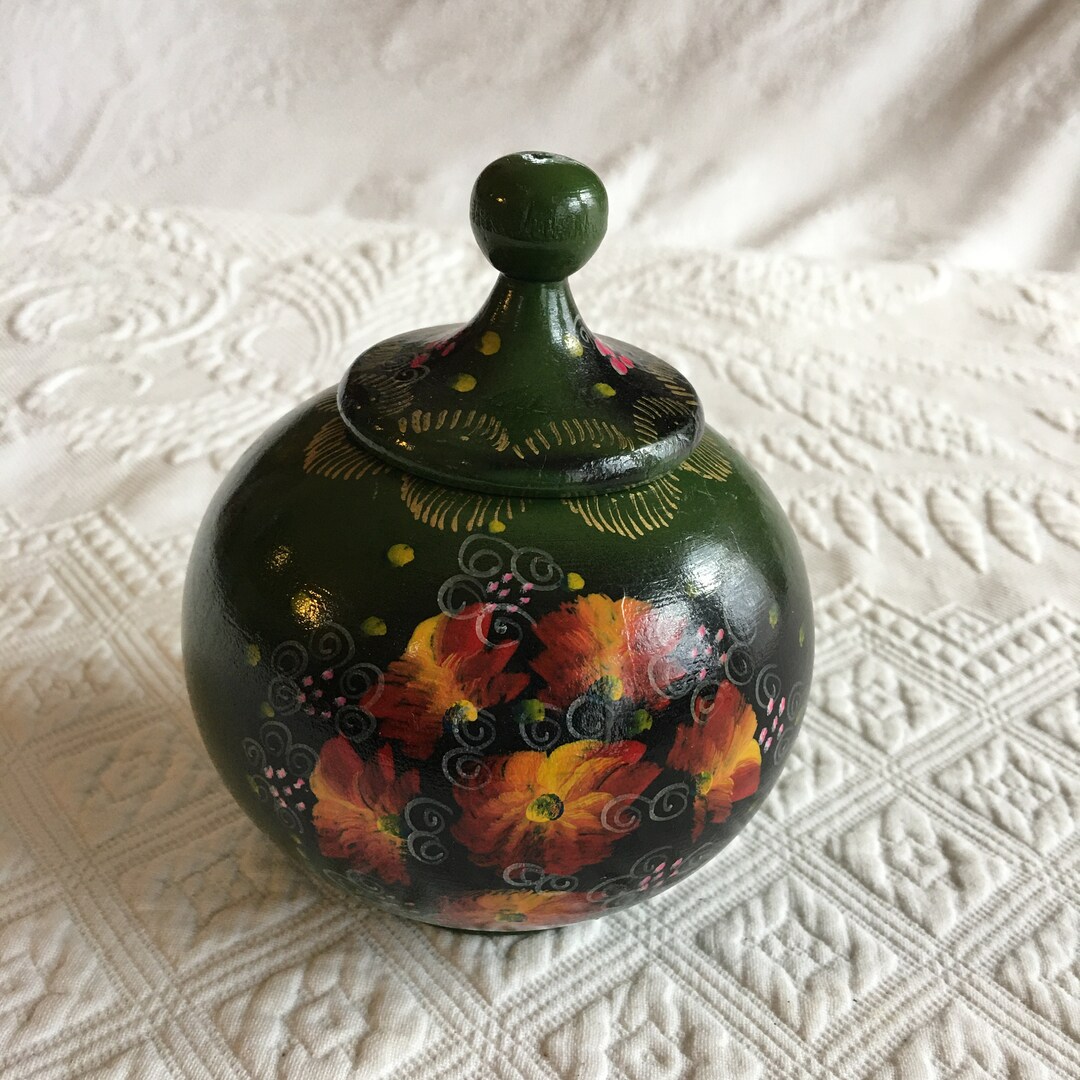 Vintage Hand Painted Wooden Bowl Box With Lid. Round Box to Store ...