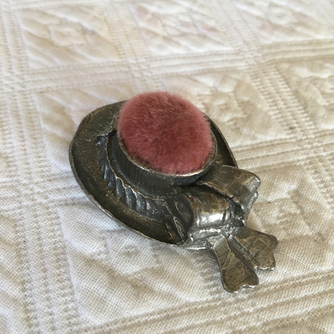 Antique Pin Cushion. Mini Vict. Hat Cushion. Antique Silver Pewter Lady ...