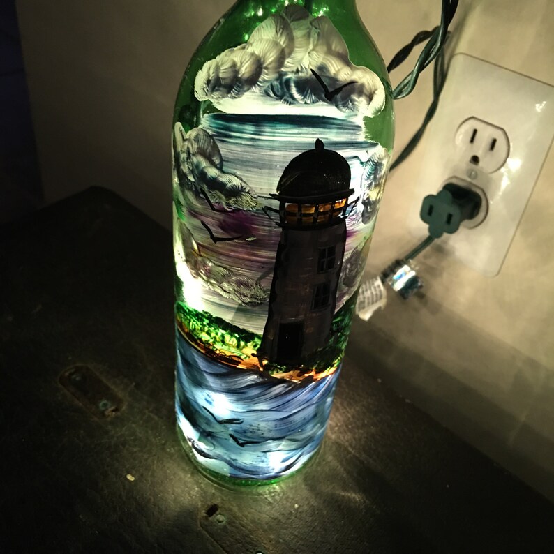 Lighthouse Hand Painted Wine Bottle With Lights Inside. Green - Etsy