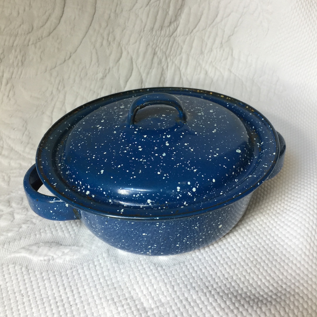 Vintage Blue and White Enamelware Pot With Two Side Handles and Lid ...