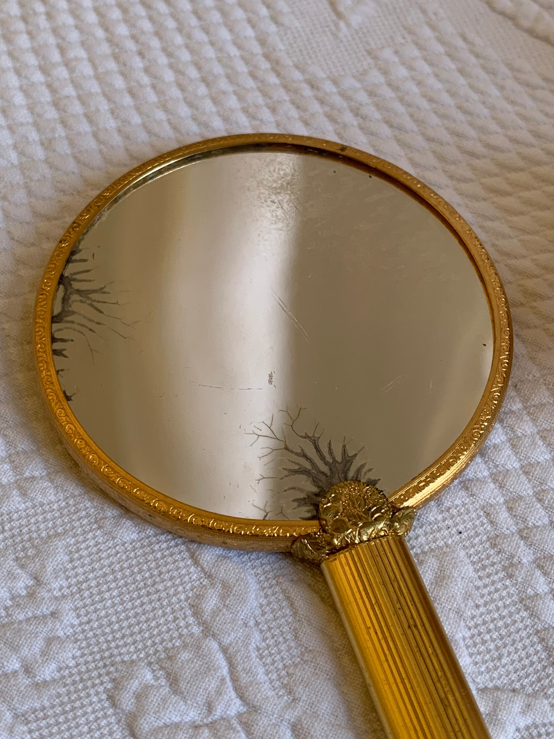 Vintage French Colonial Hand Mirror. Gold Tone Pillar Look Handle ...