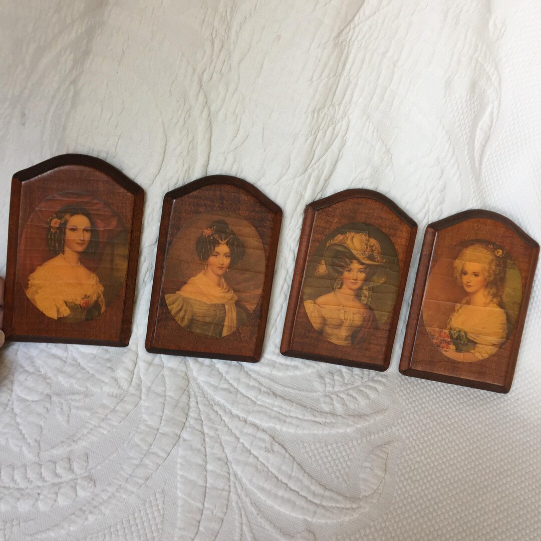 Vintage 4 Wooden Plaques With Lovely Fancy Ladies Images in Oval ...