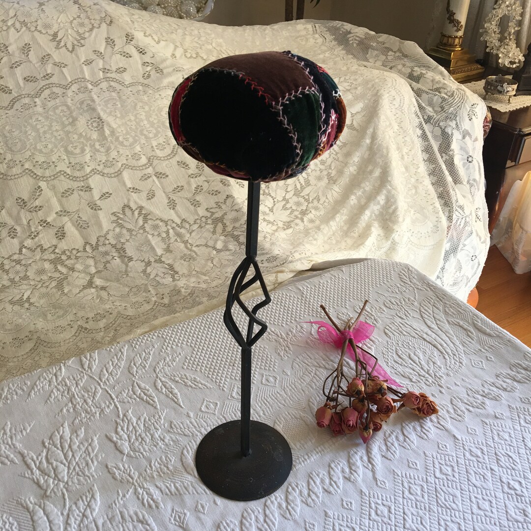Antique Crazy Quilt Hat Stand on Cast Iron Base With Padded Top to Hold ...