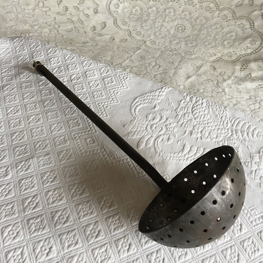 Antique Large Iron Straining Ladle. Curved Handle End to Hang. Dark ...