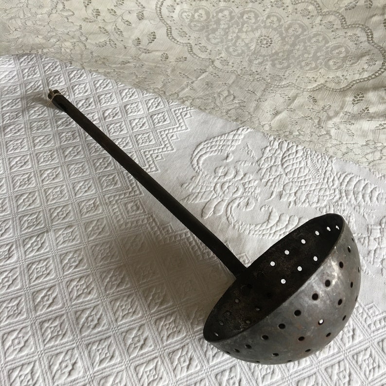 Antique Large Iron Straining Ladle. Curved Handle End to Hang. Dark ...