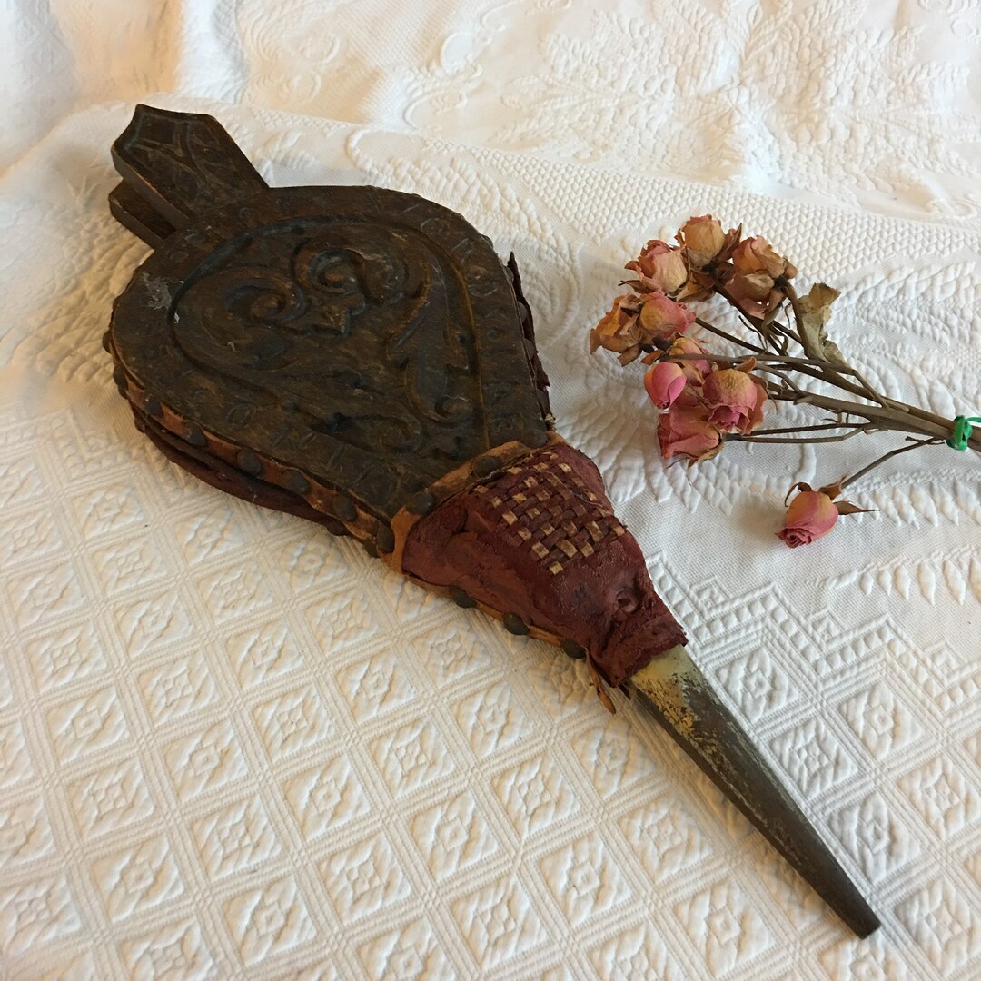 Vintage Carved Wood Leather Bellows. Rustic Swirling Designs, Words ...