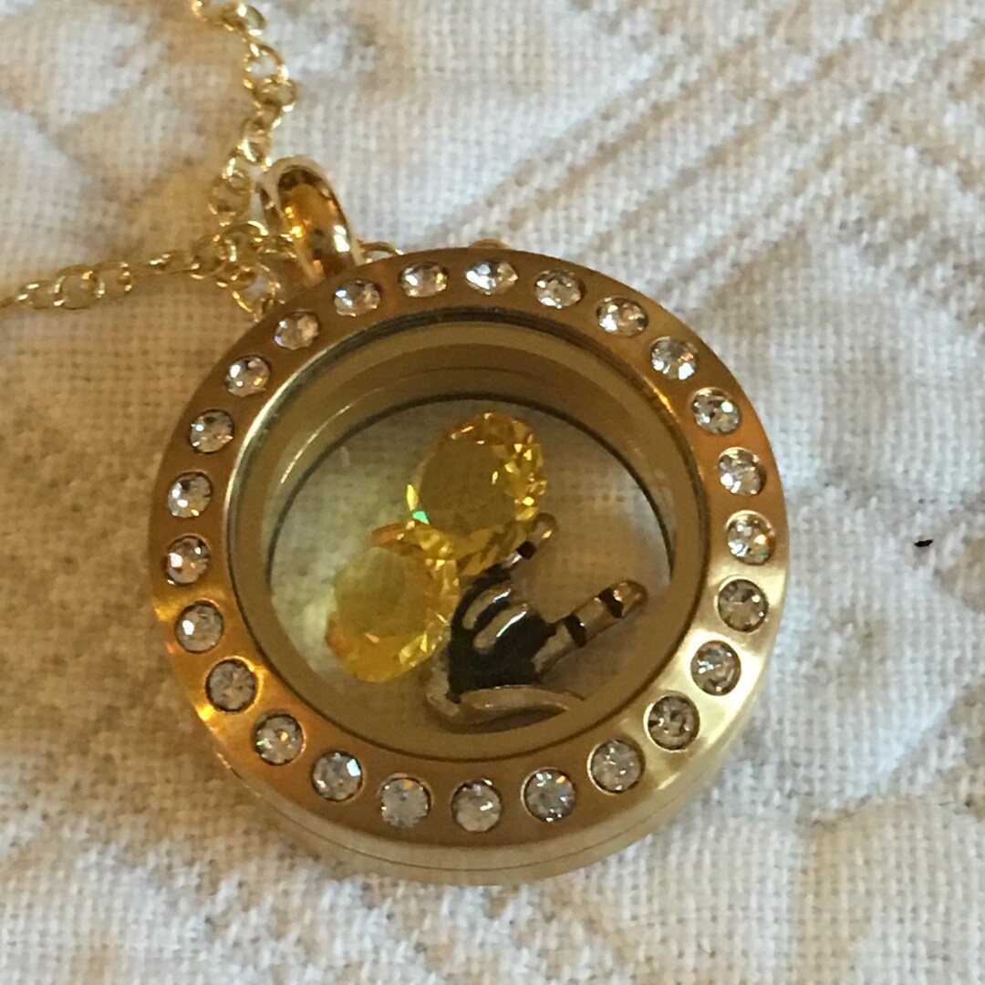 Love Hand Sign Themed Small Gold Locket 2 Yellow Rhinestones and the ...