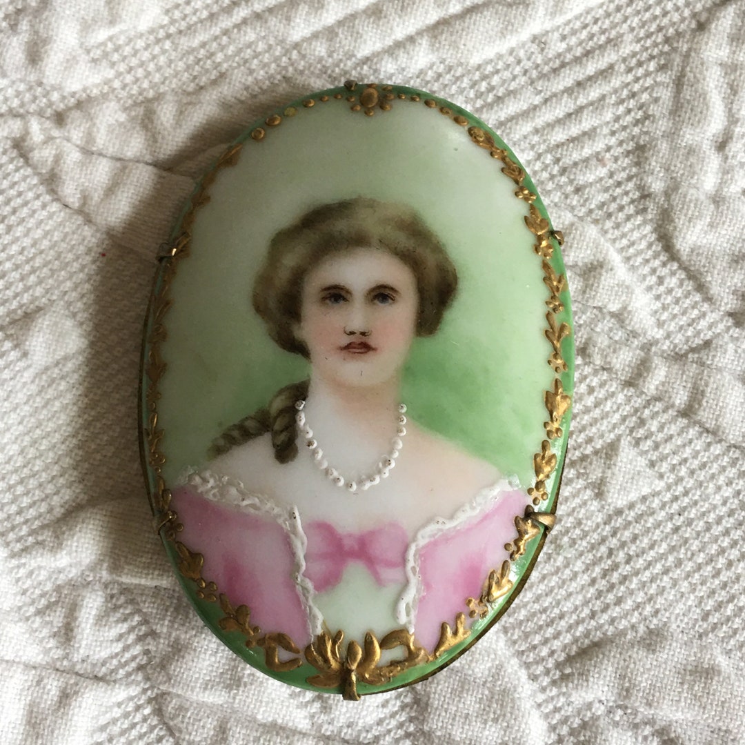 Antique Victorian Lady Pin. Painting on Porcelain and Brass Pin Brooch ...