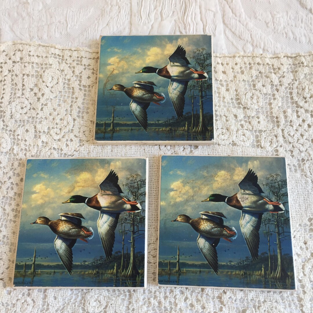 Vintage Three Mallard Duck Square Ceramic Coasters. Ceramic Tiles With ...
