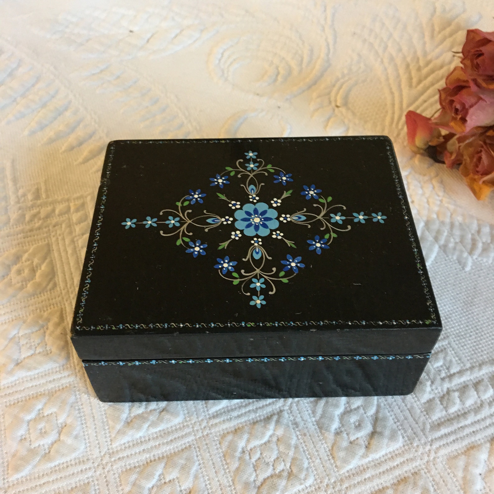 Vintage Wood Box Black and Blue Enamel Painted Box With - Etsy