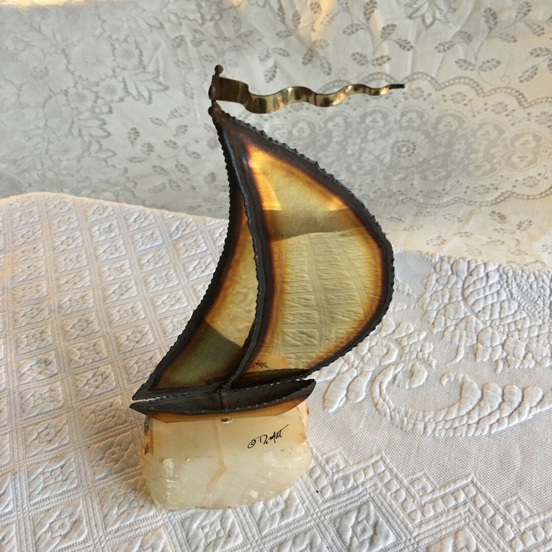 Vintage Brass Sailboat Paperweight. Signed Boat Paperweight on Rock ...