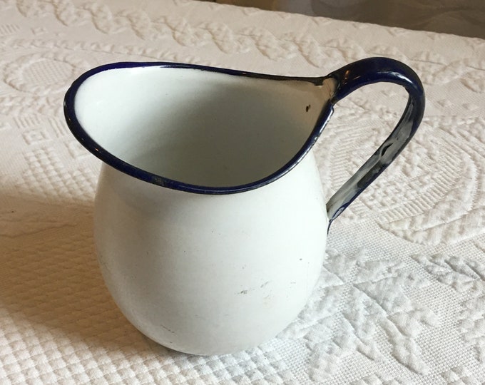 Vintage Enamelware Pitcher. Small White and Blue Enamelware Cream ...