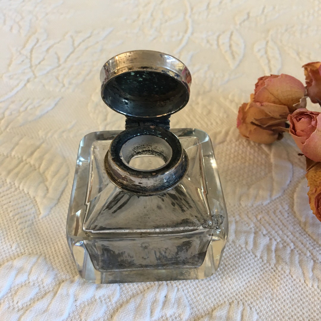 Vintage Ink Well With Silver Plate Flip up Top Square Ink Well. Rounded ...