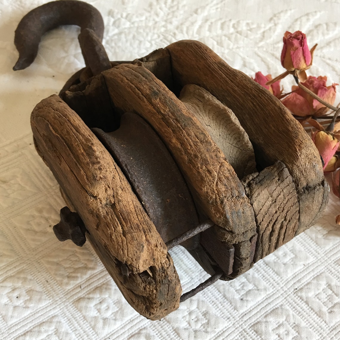 Antique Large Wooden Barn Pulley With Hook. Primitive Double Pulley ...