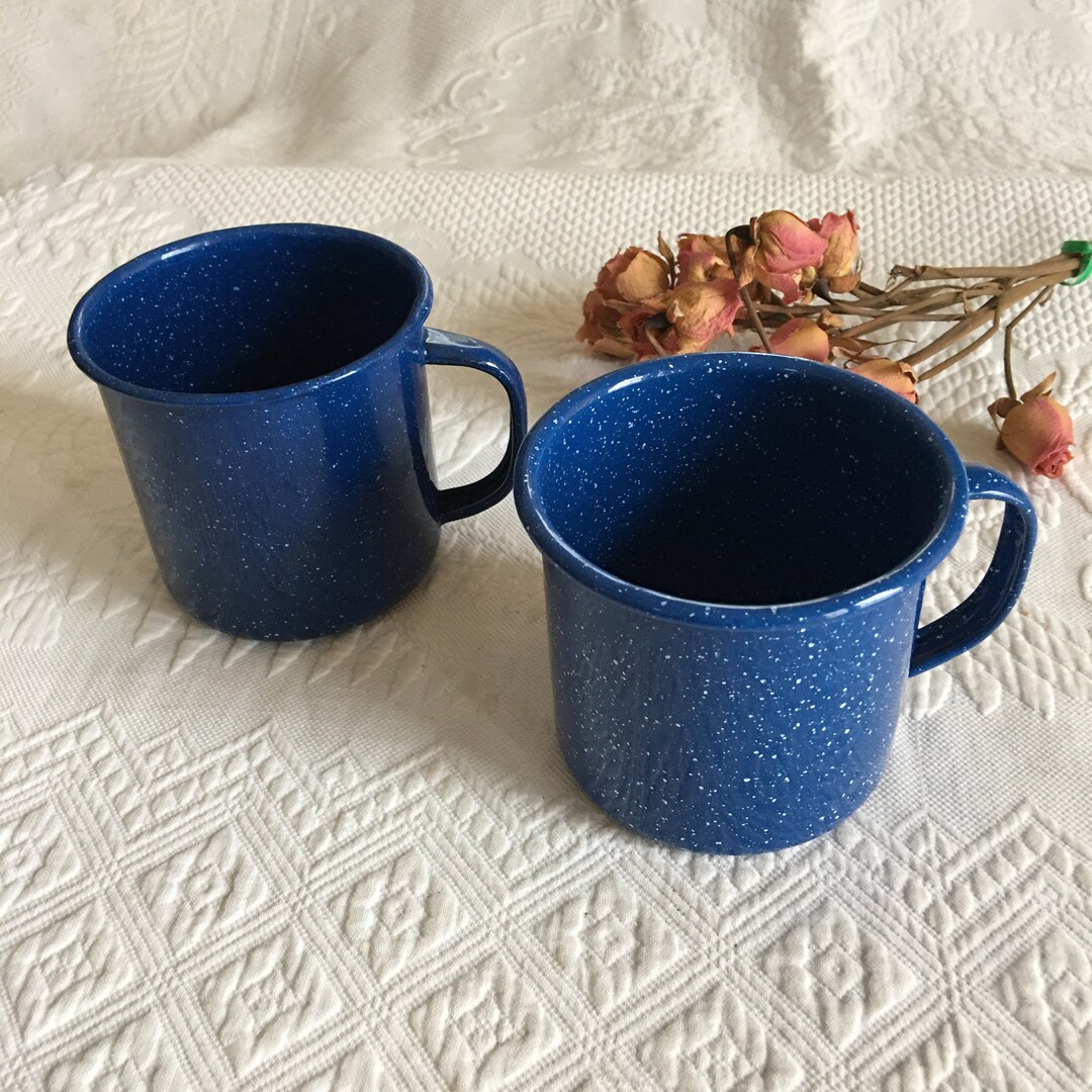 Vintage 2 Enamelware Coffee Cups. Spatterware Handled Blue and White ...
