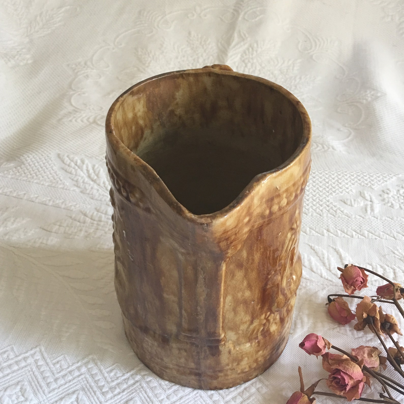 Antique Yellow Ware Pitcher With Peacock Tree and Floral | Etsy