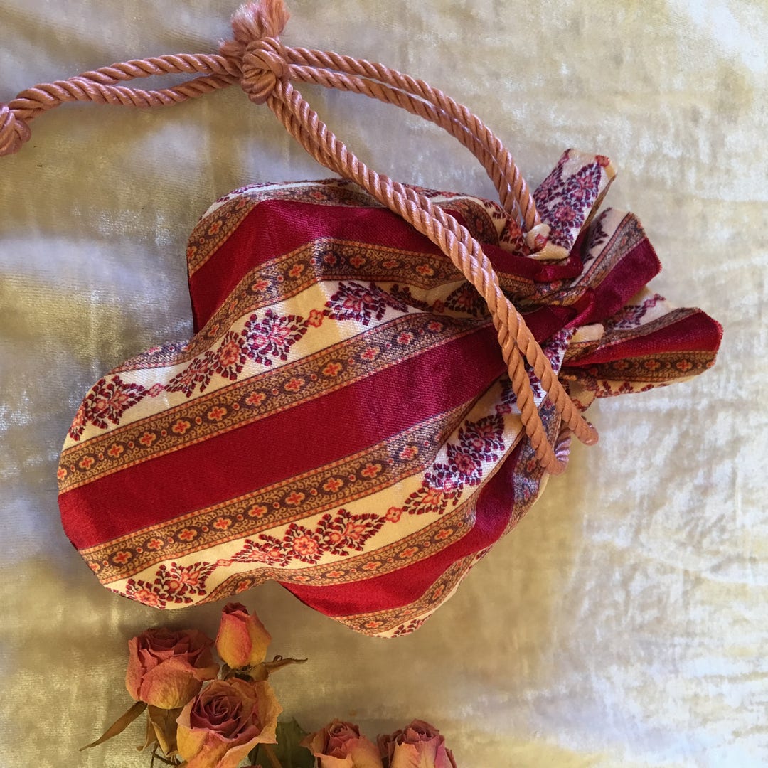 Handmade Reticule, Cranberry Red and Cream Velvet Stripe Drawstring ...
