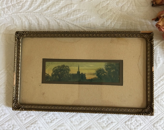 Antique Gold Frame With Long Narrow Picture of Church and Evening ...