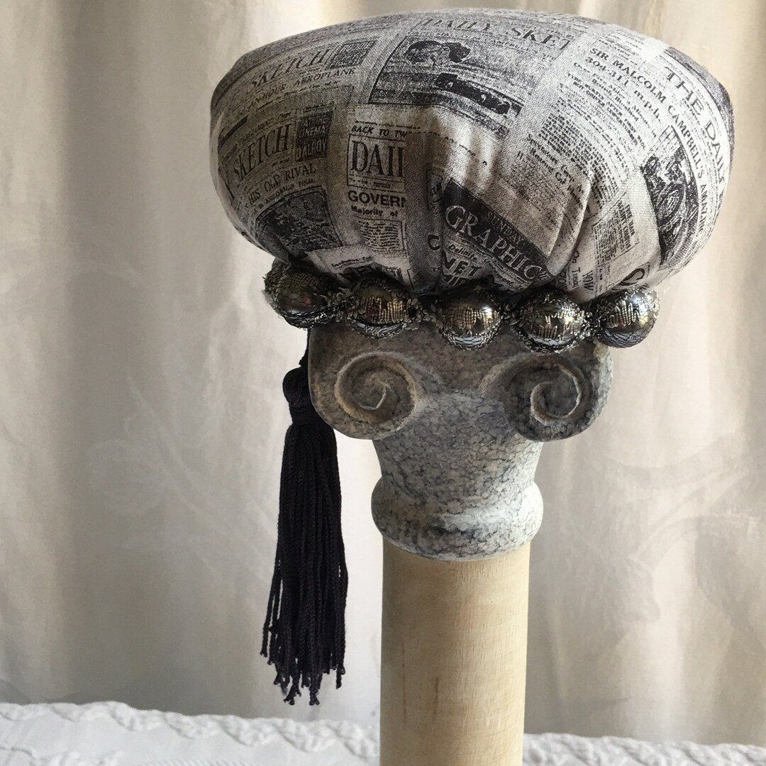 Handmade Hat Stand, Wood Pillar. Newsprint Type Fabric Hat Cushion on ...