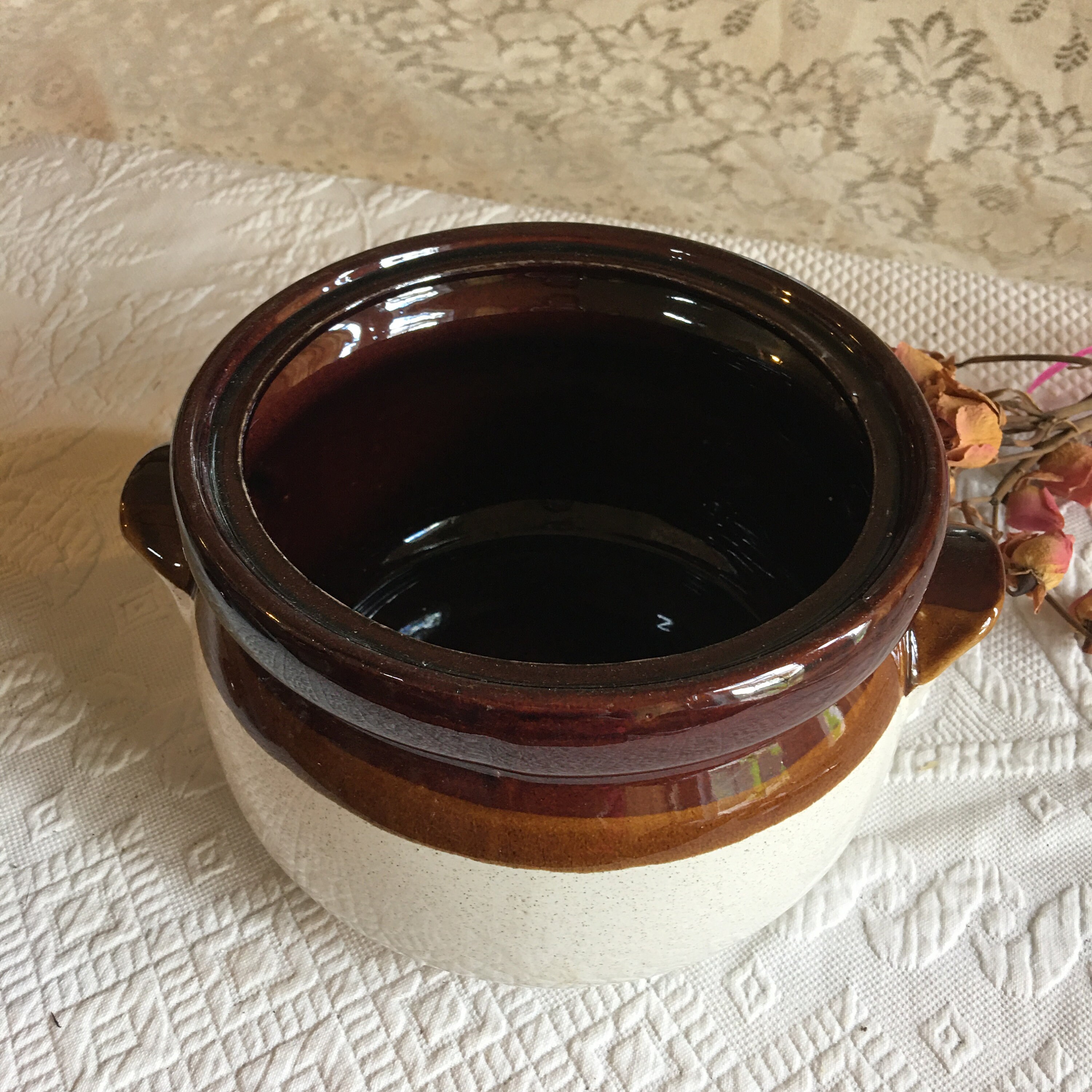 Vintage Bean Pot. Stoneware Brown and Tan Bean Pot With Side Handle and ...