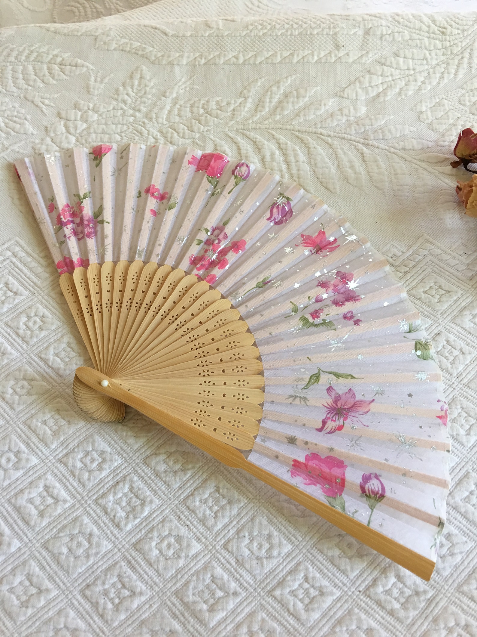Silk and Wood Hand Fan. Openwork Design on Wood With Floral Designs and ...
