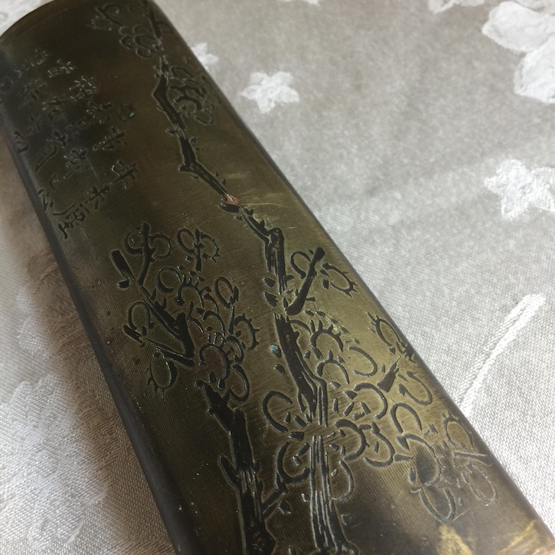 Vintage Brass Japanese Paperweight With Dogwood Type Flowers Etched ...