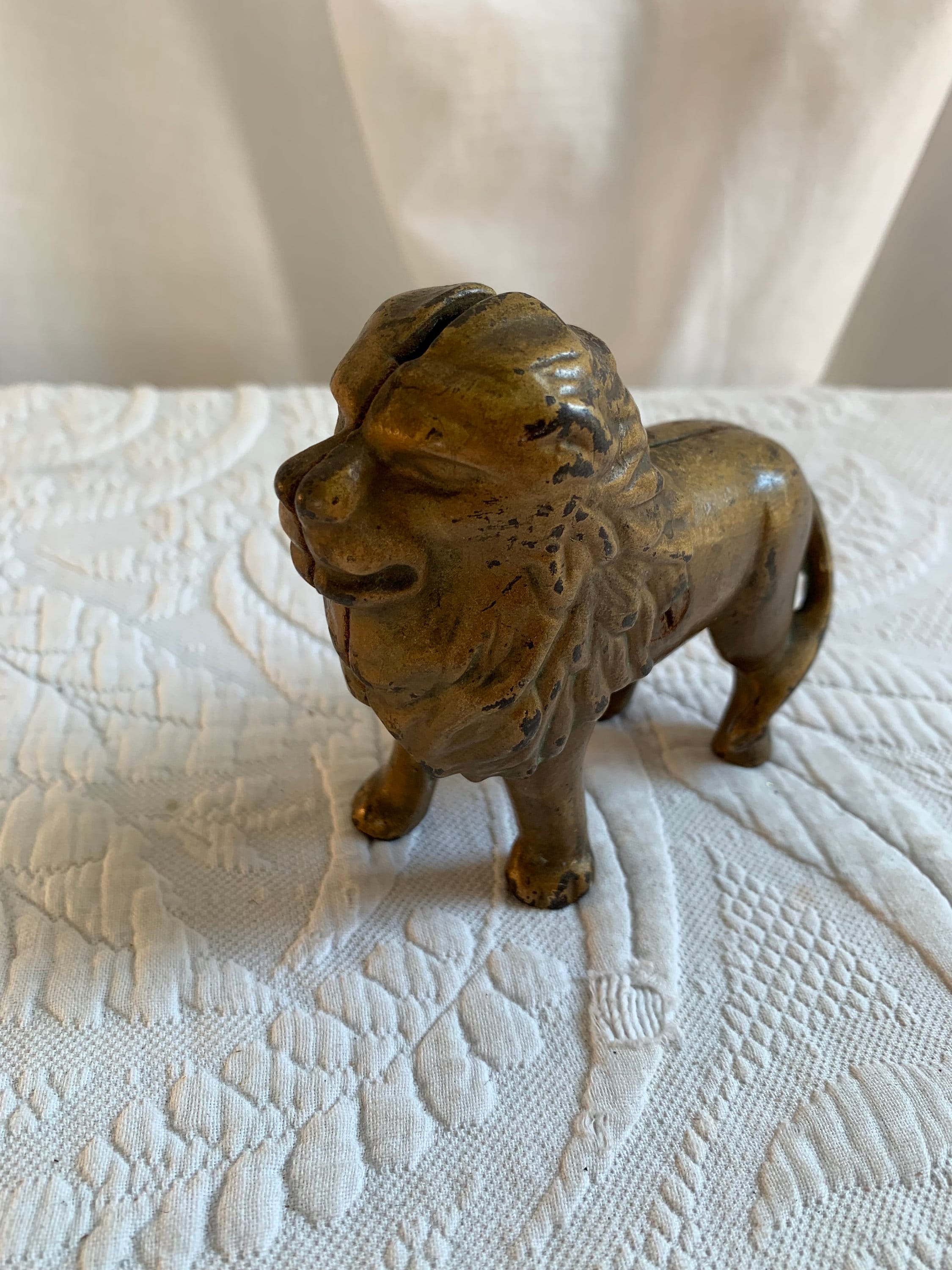 Vintage Brass Lion Bank Figurine. Gold Brass Lion With Coin Slot on ...