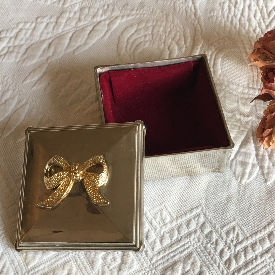 Vintage Silver Plate Jewelry Box With Gold Tone Bow on Top. Red ...