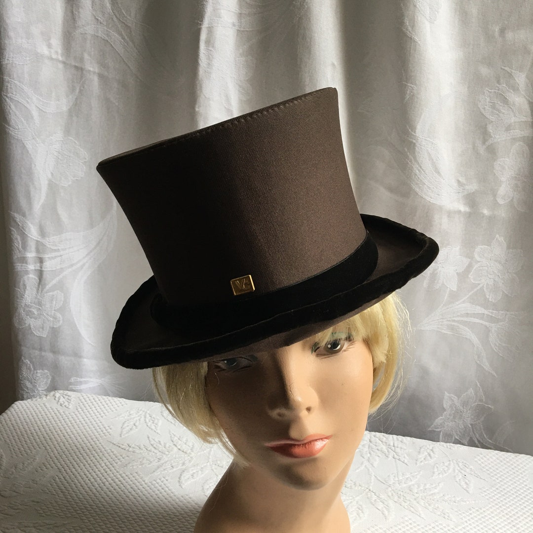 Vintage Collapsible Brown Opera Top Hat W/ Dark Brown Velvet Edge Trim ...