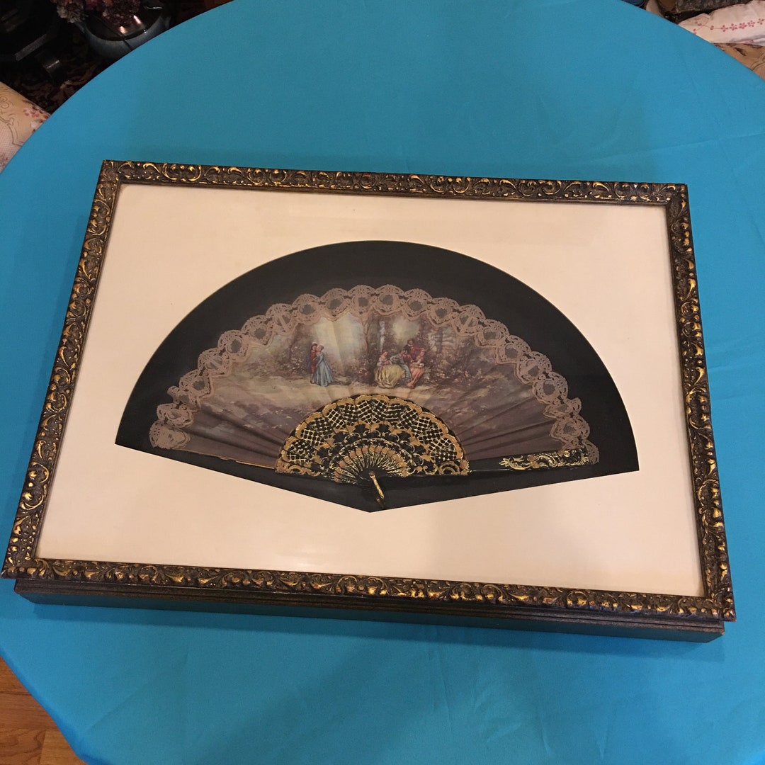 Vintage Framed Fancy Fan. Rectangular Shadow Box Frame W/ Fan Shaped ...