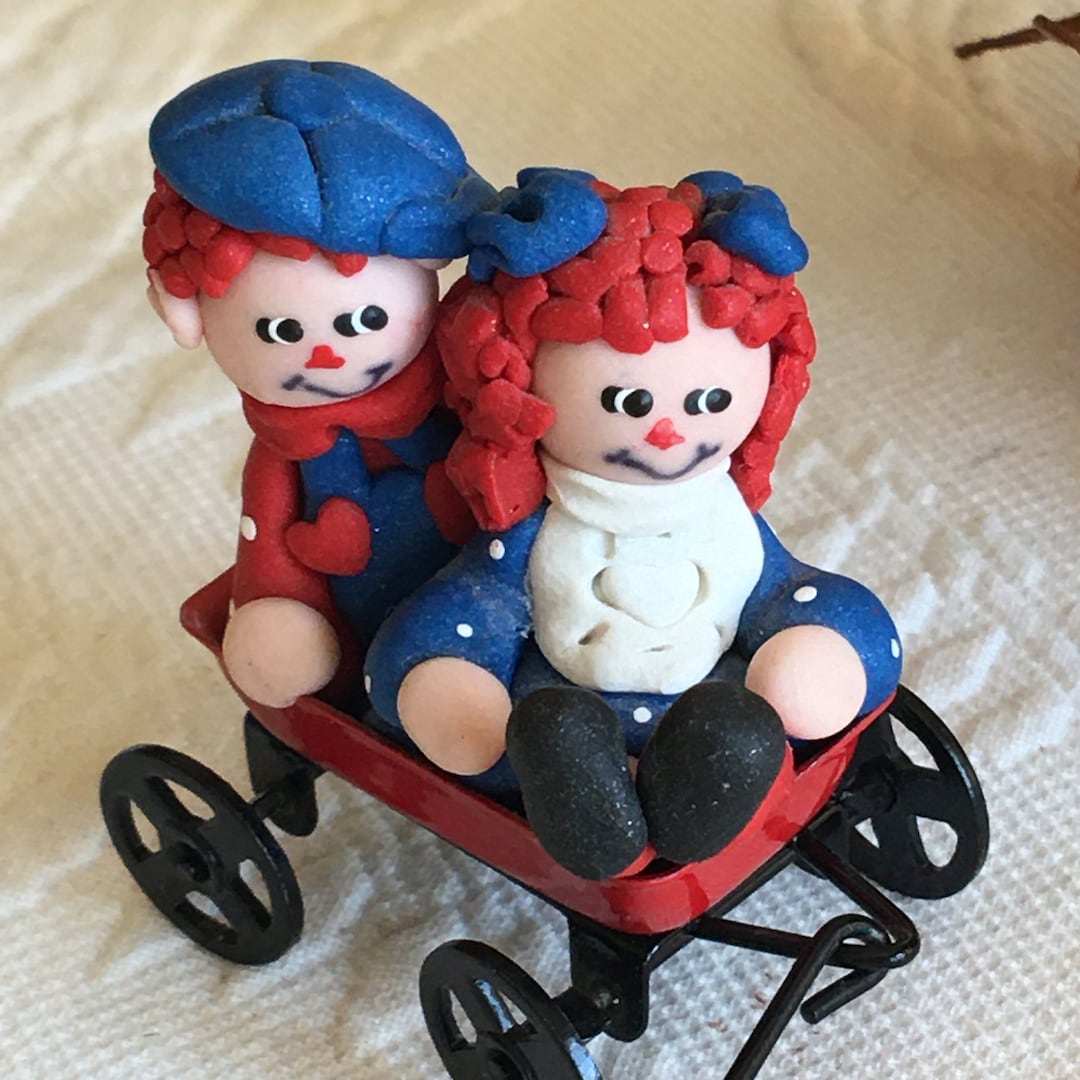 Vintage Mini Raggedy Ann and Andy in Little Red Wagon. Charming Fimo ...