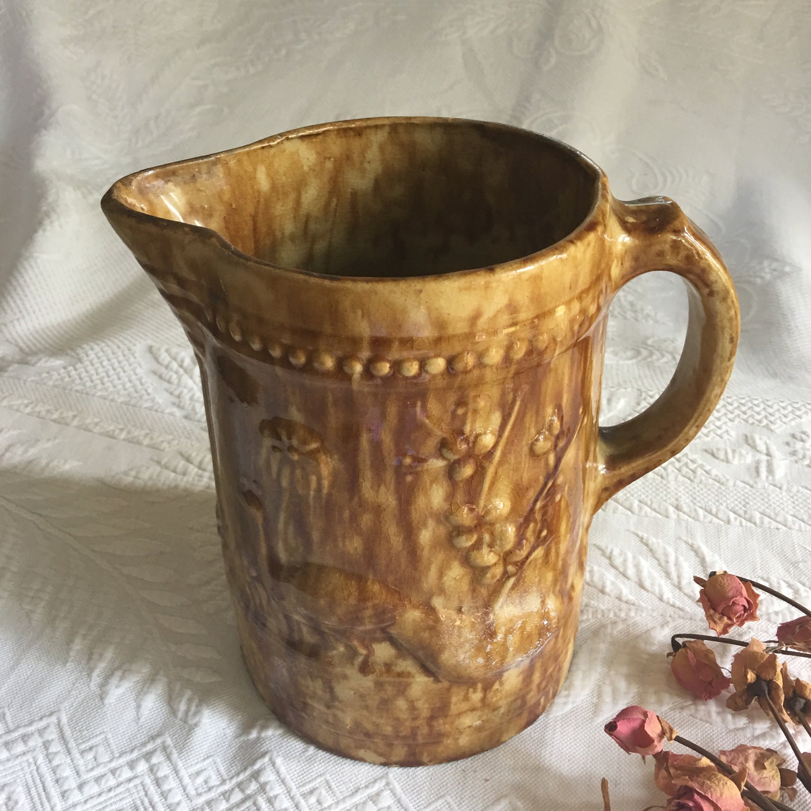 Antique Yellow Ware Pitcher With Peacock, Tree and Floral Designs ...